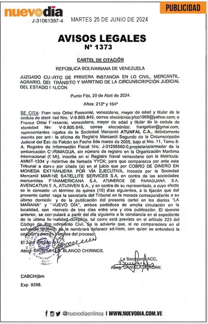 Cartel de Citación.Francisco Ortisi Passanisi.Atunfal.C.A. - Nuevo Día