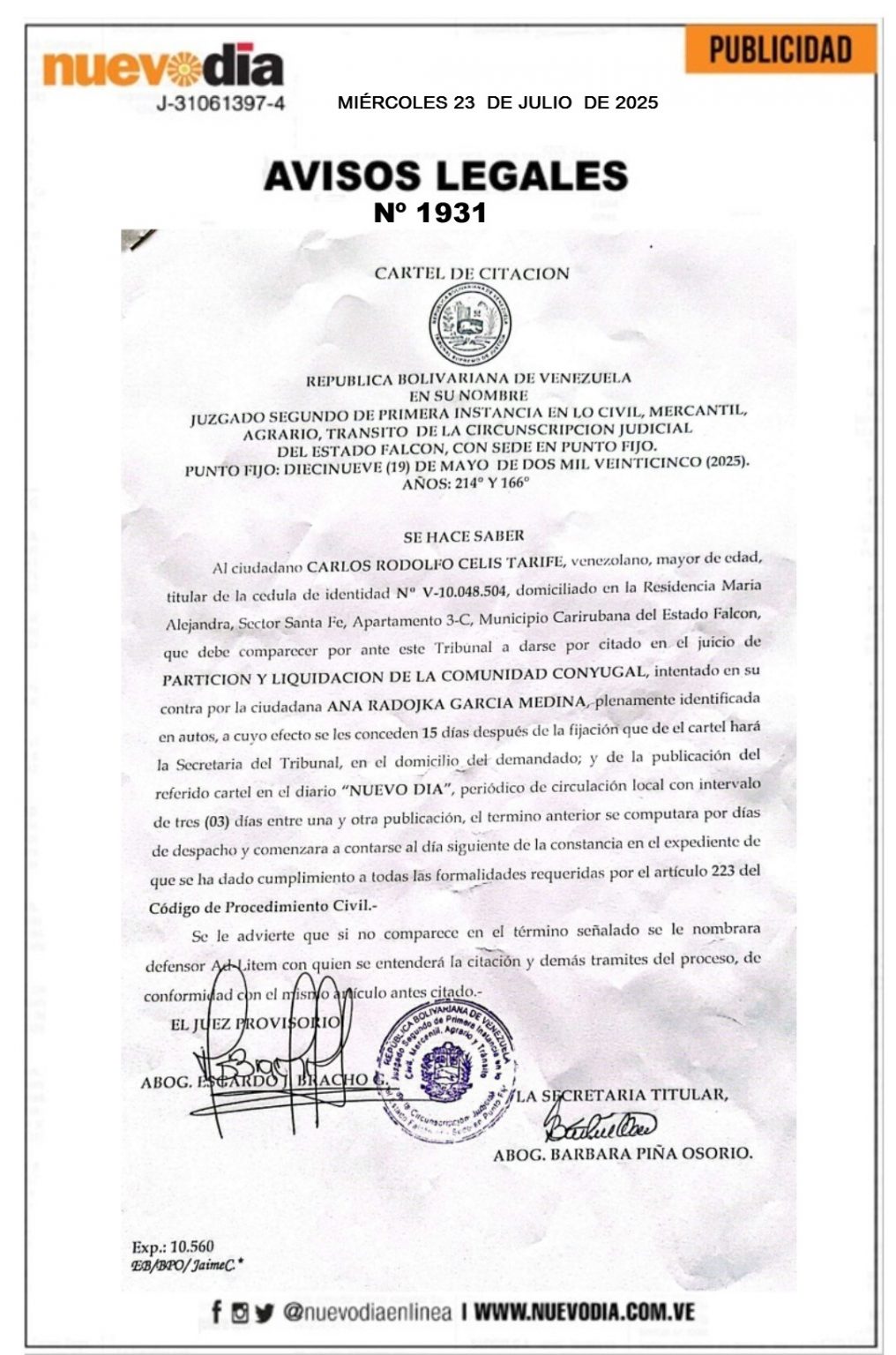 Cartel de Citación.Carlos Rodolfo Celis Tarife. - Nuevo Día