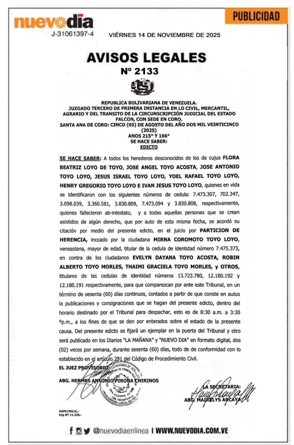 Edicto.Flora Beatriz Loyo de Toyo, José Angel Toyo Acosta, José Antonio ...