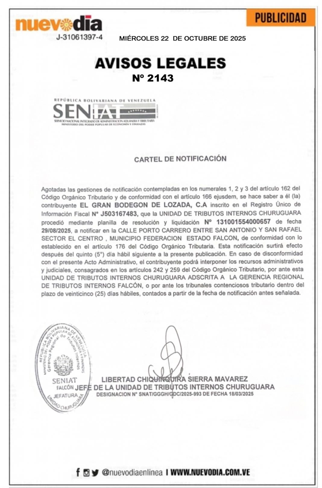 Cartel de Notificación.El Gran Bodegón de Lozada, C.A. - Nuevo Día