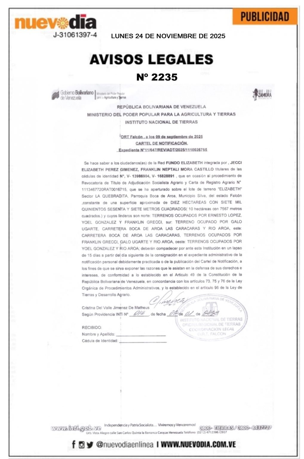 Cartel de Notificación.Fundo Elizabeth.Jecci Elizabeth Pérez Giménez ...