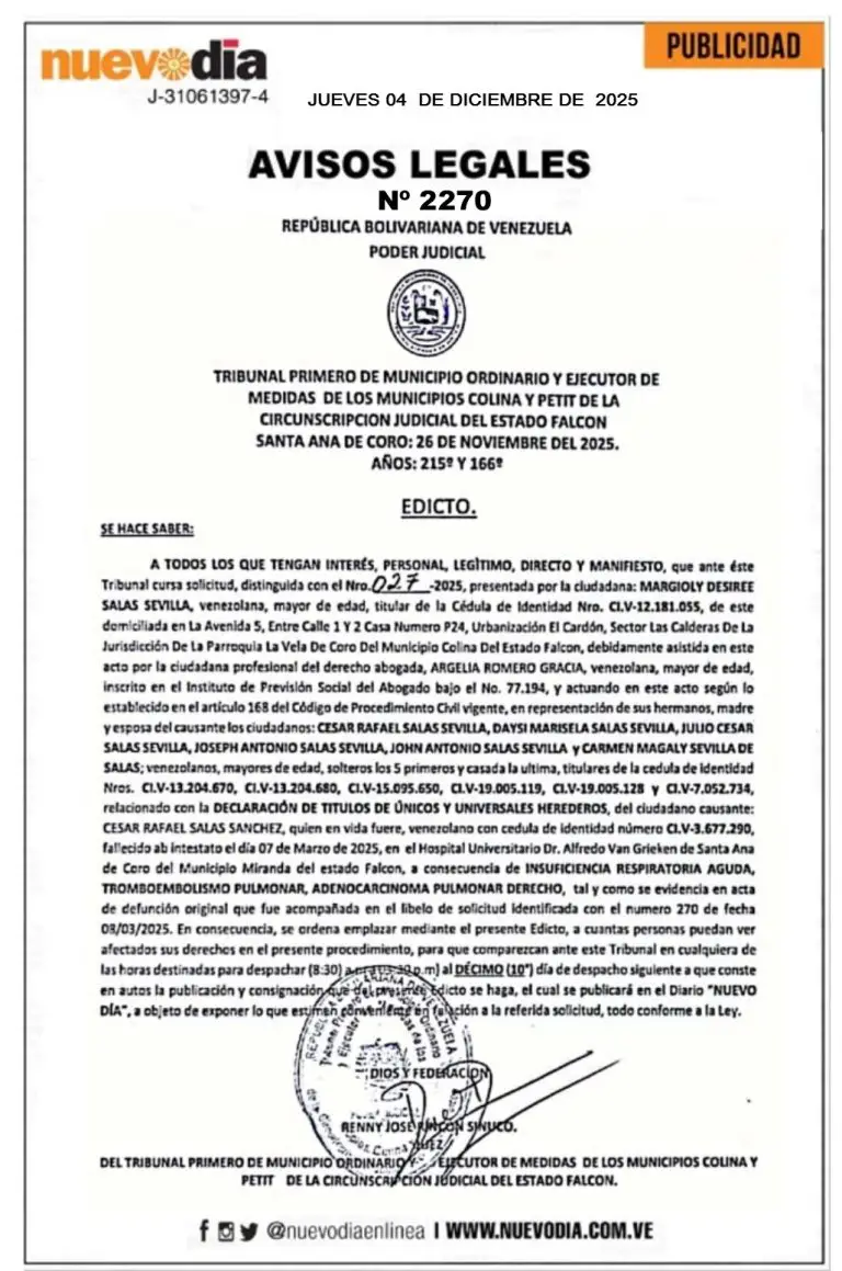 Edicto.Cesar Rafael Salas Sánchez. - Nuevo Día