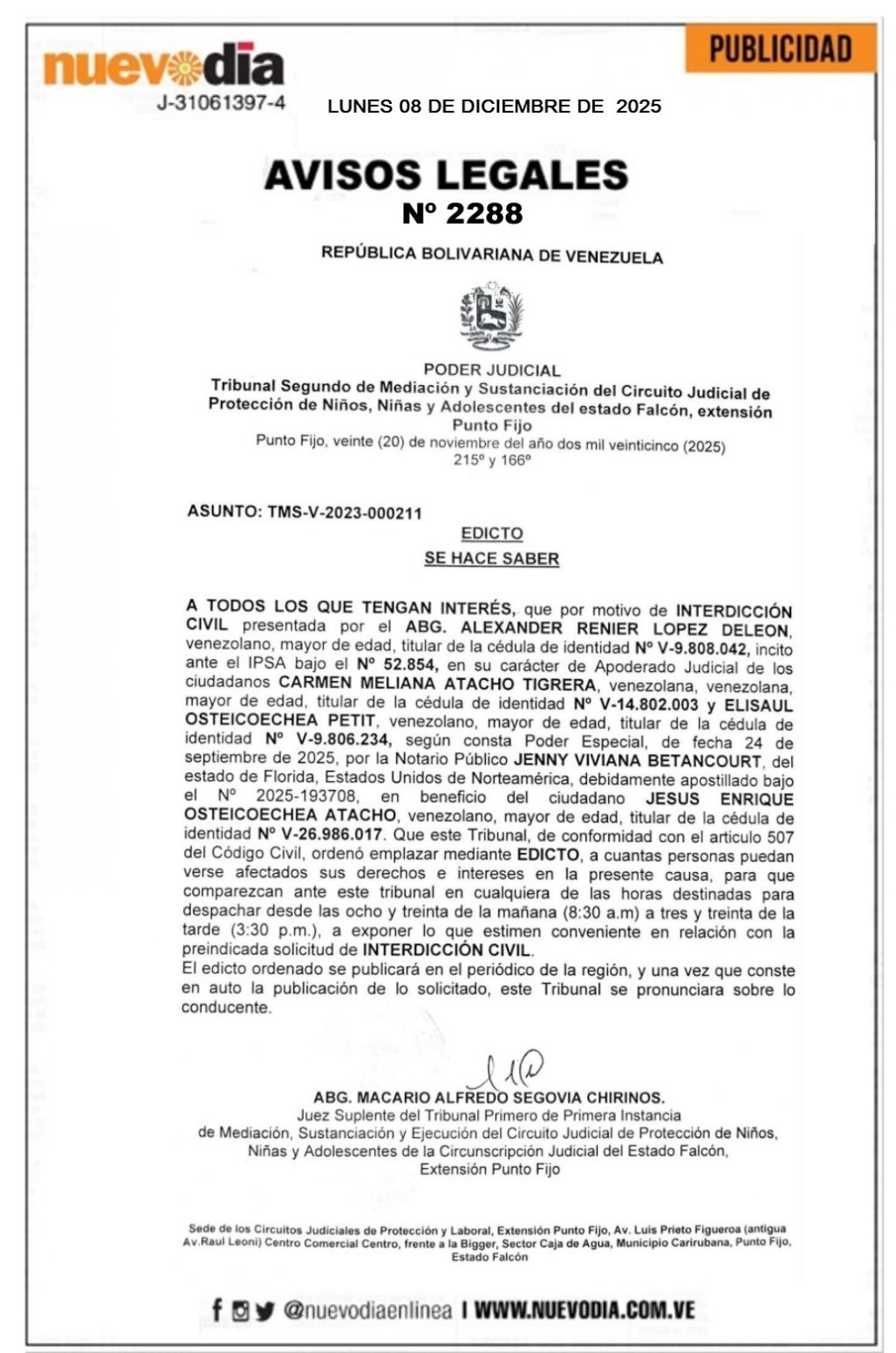 Edicto.Jesús Enrique Osteicochea Atacho. - Nuevo Día