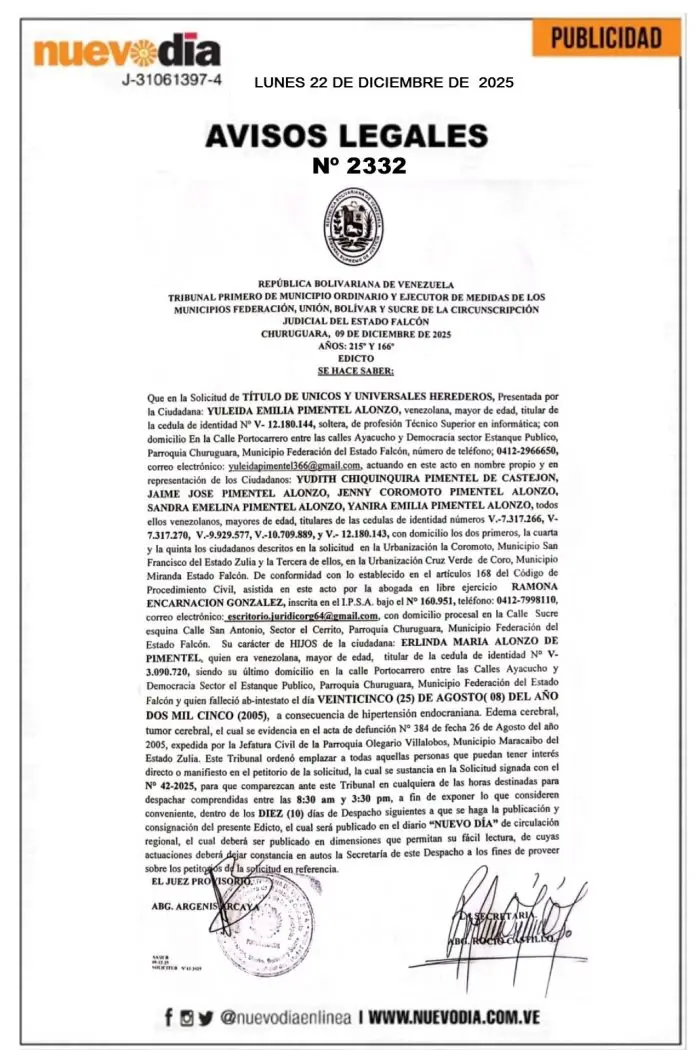 Edicto.Erlinda María Alonzo de Pimentel. - Nuevo Día