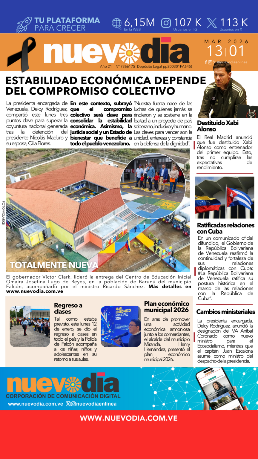 Portada martes 13 de enero de 2026 - Nuevo Día