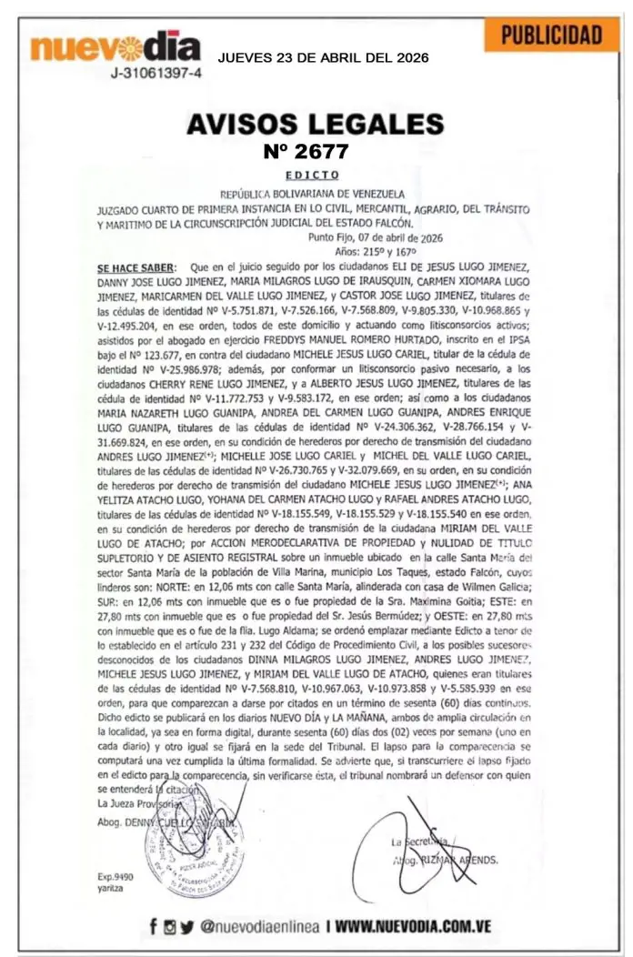 Edicto.Dinna Milagros Lugo Jiménez, Andrés Lugo Jiménez, Michele Jesús ...