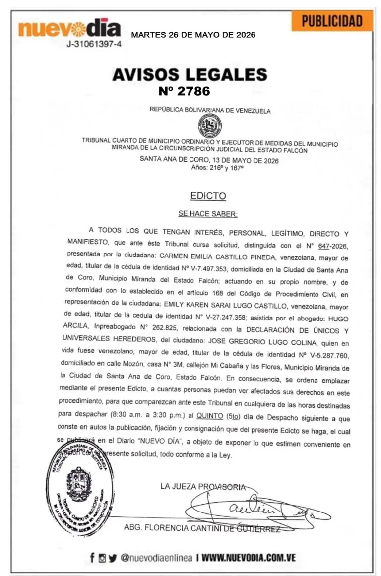 Edicto.José Gregorio Lugo Colina. - Nuevo Día